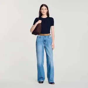 Sandro Ribbed Short-sleeved Knit Top - Navy Blue