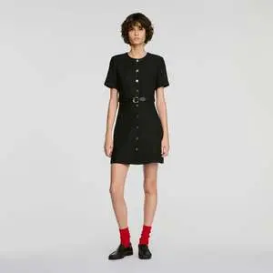 Sandro Short Belted Tweed Dress With Metal Buttons