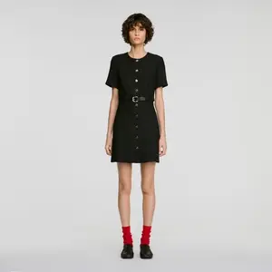 Sandro Short Belted Tweed Dress With Metal Buttons