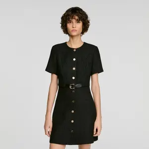Sandro Short Belted Tweed Dress With Metal Buttons