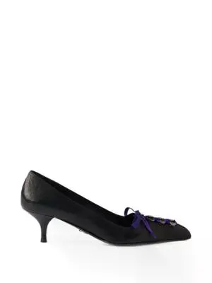 Prada Antiqued Leather Pumps With Lace Detailing - Black