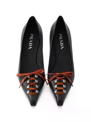 Prada Antiqued Leather Pumps With Lace Detailing