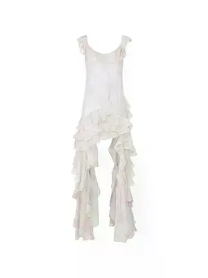 Elisabetta Franchi Georgette Dress With Feather Print And Ruffle Accents - Neutrals