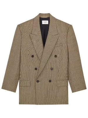 Saint Laurent Houndstooth Wool Double-breasted Jacket - Brown