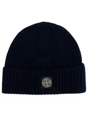 Stone Island Ribbed Logo Beanie - Blue