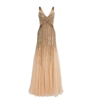 Pamella Roland Embellished V-neck Tulle Gown - Gold