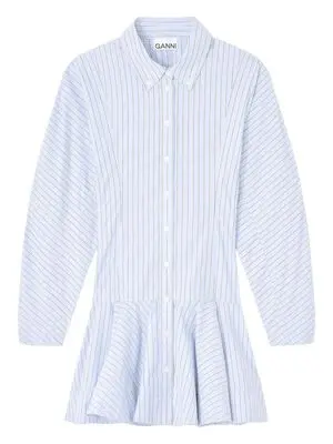 GANNI Stripe Print Cotton Mini Shirt Dress With Classic Collar And Ruffled Hem