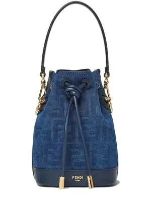 Fendi Flocked Ff Denim Bucket Bag With Calfskin Trim - Blu