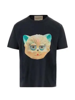 Valentino Garavani Round-neck Loose-fit Cotton T-shirt With Cat House Graphic Print - Blu