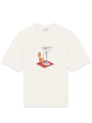 Drole De Monsieur Cotton T-shirt With Front Cocktail Print And Ribbed Crew Neck - Bianco