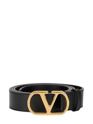 Valentino Garavani Calf Leather Belt With Gold Tone V Logo Buckle - Black