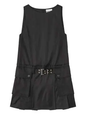 GANNI Round-neck Sleeveless Mini Dress With Zip Closure, Patch Pockets & Belt Detail - Nero