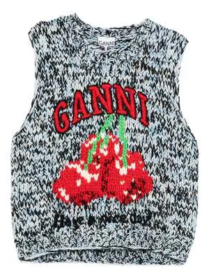 GANNI Crewneck Wool Vest With Graphic Logo Print - Blu