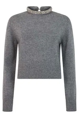 Pinko Rhinestone-collar Cropped Long-sleeve Sweater - Grey