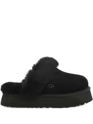 UGG Suede Platform Mini Sandals With Sheepskin Collar - Nero