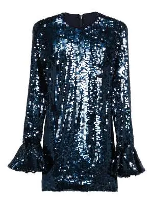 ROTATE BY BIRGER CHRISTENSEN ROTATE Sequin Flared Cuff Round Neck Dress Blu