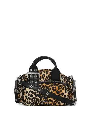 GANNI Mini Leopard Print Handbag With Top Handle, Adjustable Strap, Zip Closure, Silver-tone Hardware
