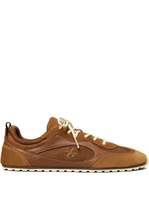 Tory Burch Lace-up Mesh Sneakers With Suede And Leather Trim - Marrone