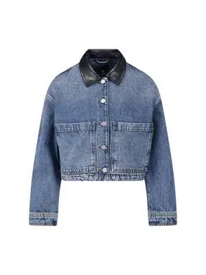 ANINE BING ANINE BING Cropped Denim Jacket With Leather Collar Blue