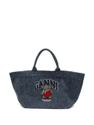 GANNI Organic Cotton Tote Handbag With Top Handles And Interior Pocket - Blu