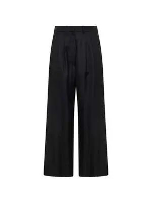 PT TORINO High-waisted Wide-leg Trousers In Virgin Wool And Linen - Nero