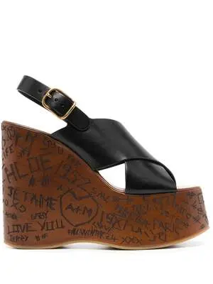 Chloé Criss-cross Strappy Leather Wedge Sandals With Wood-effect Platform & 13 Cm Heel - Nero
