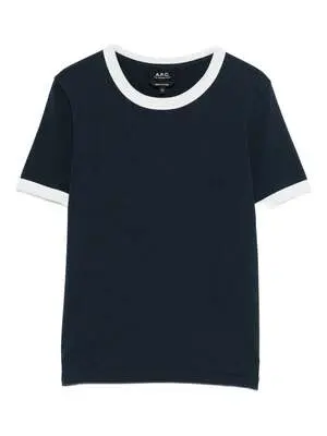 A.p.c. Contrasting Ribbed Trim Cotton Crewneck Short-sleeve T-shirt With Embroidered Logo - Blu