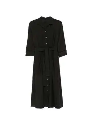 120% Lino 100% Linen Button-up Belted Mini Dress - Nero