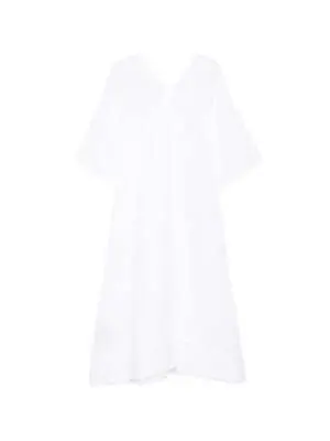 120% Lino Linen V-neck Kaftan With Contrast Hem & Sleeve Details - Bianco