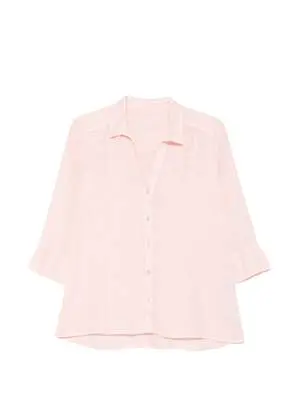 120% Lino Classic Linen V-neck Shirt With Long Sleeves And Pointed Collar - Rosa