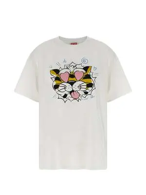 Kenzo Loose Soft T-shirt With Wild Tiger Front & Back Print - Bianco