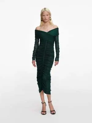 SELF-PORTRAIT Off-the-shoulder Gathered Viscose Midi Dress - Verde