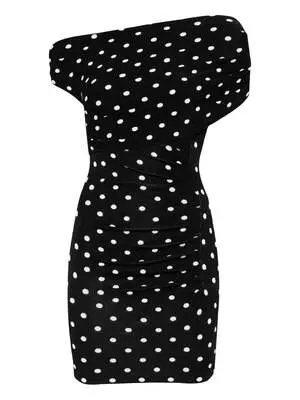 SELF-PORTRAIT Draped Polka Dot Knit Mini Dress With Asymmetrical Neckline - Nero