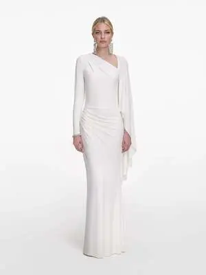 SELF-PORTRAIT Asymmetrical Neckline Long Sleeve Gown With Mermaid Hem - Bianco