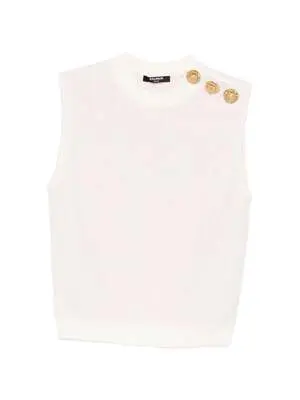 Balmain Round Neck Tweed Knit Top With Lurex & Lion Head Button Placket