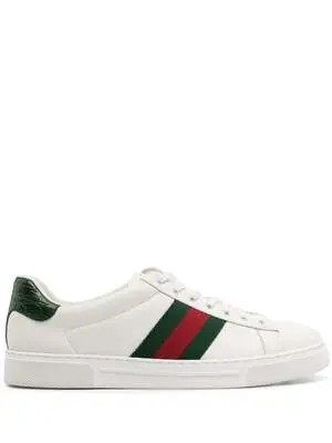 Gucci Web Leather Lace-up Sneaker With Ace Metal Tag And 30mm Height - Bianco