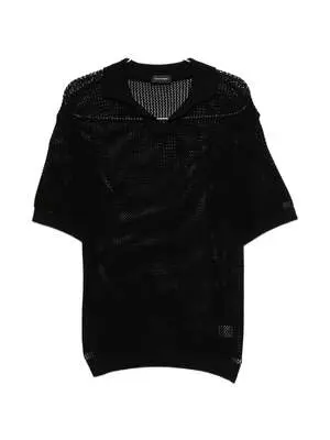 Tagliatore Tagliatore Crochet-Effect Cotton Polo Shirt With Ribbed Collar, Cuffs, And Hem Nero
