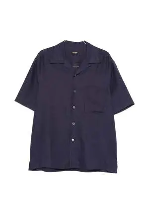 Zegna Regular Fit Linen Cuban Collar Shirt With Chest Pocket - Blu