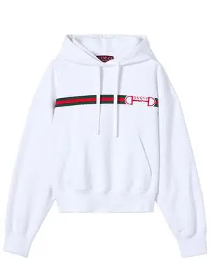 Gucci Brushed Cotton T-shirt With Web Graphic Print, Horsebit Embroidery, Fixed Hood & Front Pocket - Bianco
