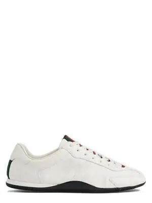 Gucci Low-cut Leather Lace-up Sneaker With Web Tongue Detail And Logo Sole - Bianco