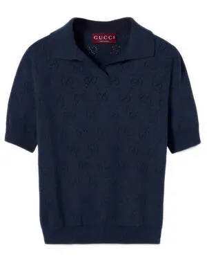 Gucci Gg Pointelle Silk-cotton Knit Top With Rib Trim, Open Collar & Short Sleeves - Blu