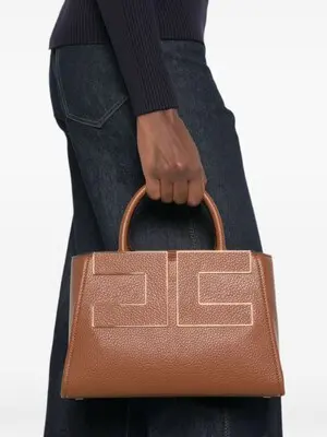 Elisabetta Franchi Grained Faux Leather Tote Bag With Gold Tone Logo Plaque