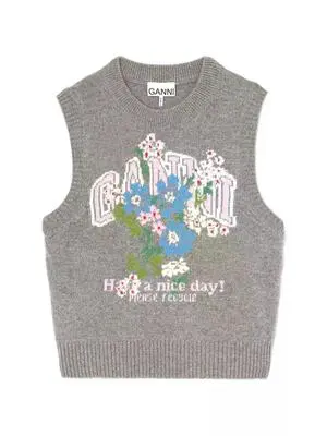 GANNI Floral Intarsia Knit Vest - Grey