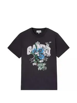GANNI T-shirt With Flowers - Black