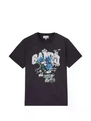 GANNI Floral Print Logo T-shirt - Black