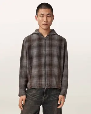 ALLSAINTS Santo Check Zip Up Hooded Shirt