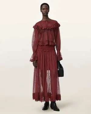 ALLSAINTS Trixie Lace Midi Skirt - Red
