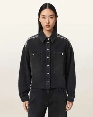 ALLSAINTS Nicky Studded Boxy Denim Jacket - Black