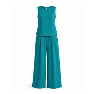 OH!ZUZA NIGHT&DAY Sleeveless Matte Viscose Top And Wide-leg Trousers Set - Blue