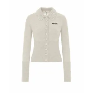 Chloé Logo Slim Fit Cardigan With Club Collar - Gray